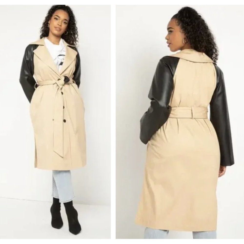 Eloquii Colorblock Faux Leather Trench Coat Twill Bla… - Gem